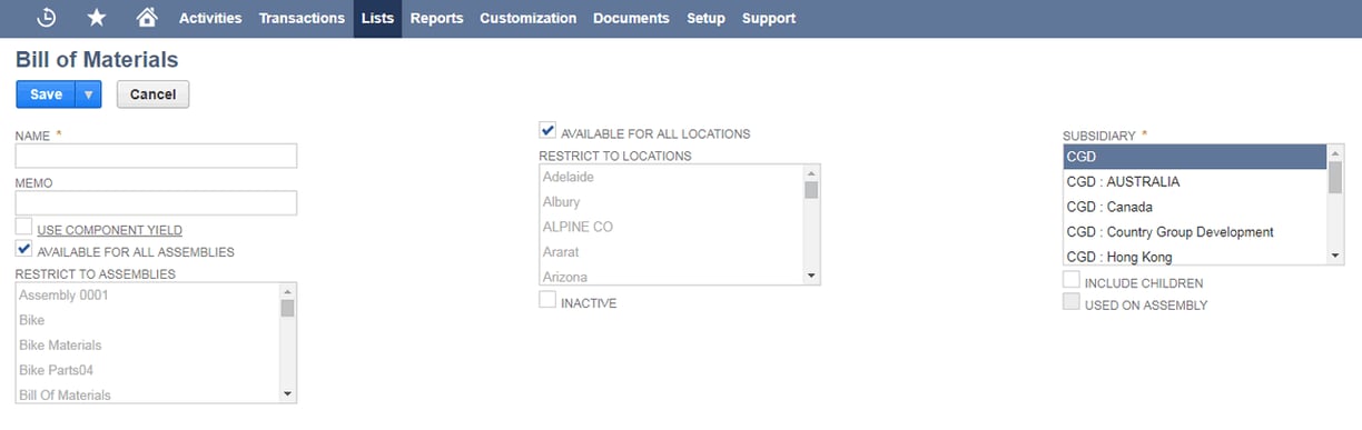 NetSuite Assembly Bill of Materials For Manufacturing