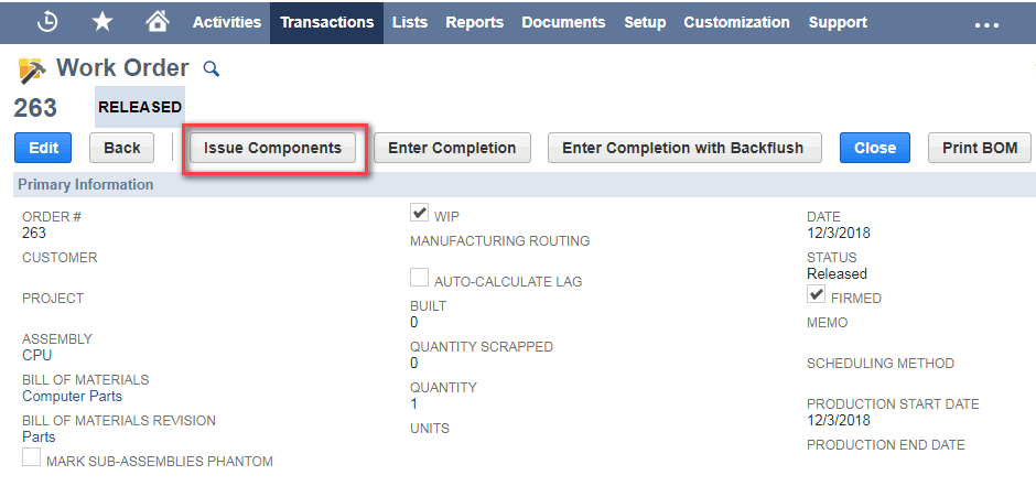 Setup Manufacturing Work In Process (WIP) in NetSuite.