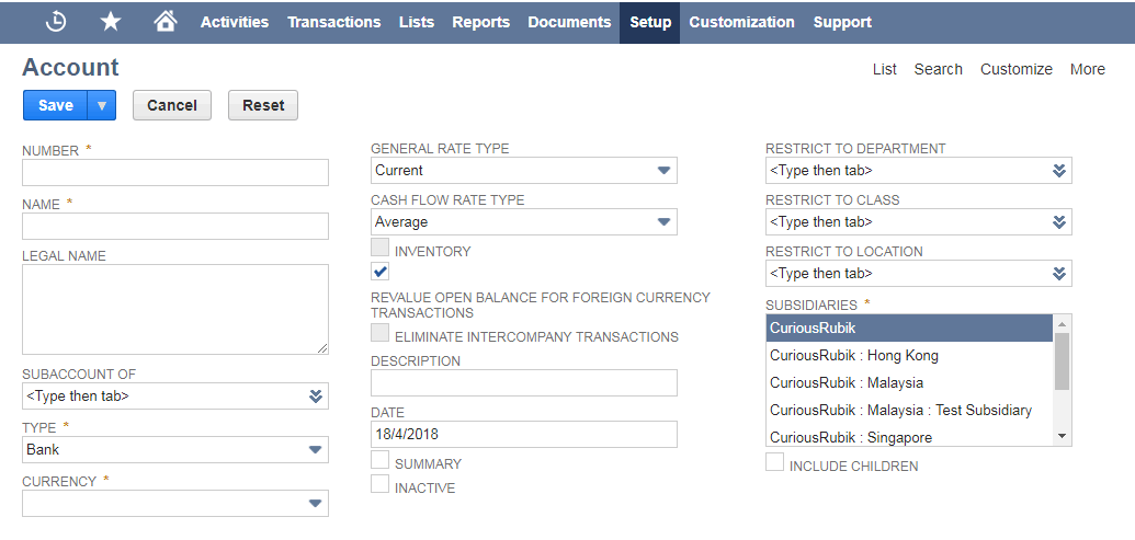 Creation of Chart of Accounts in NetSuite.