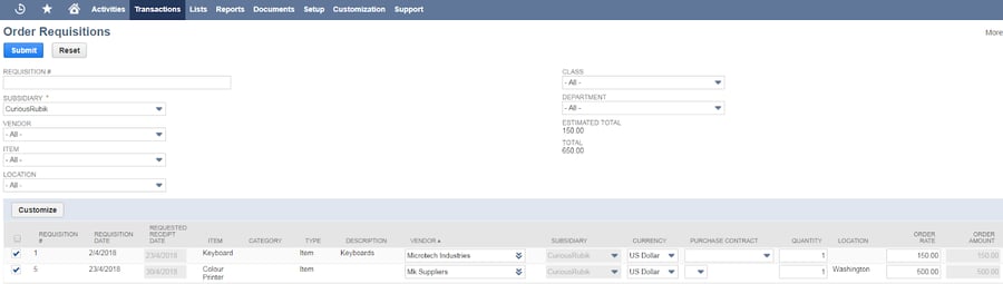 Creation of Requisition In NetSuite