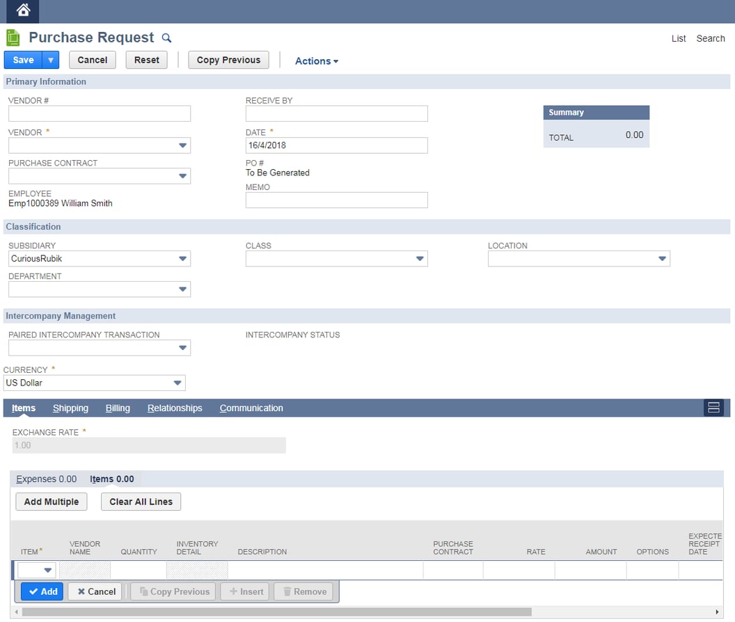 Creation Of Purchase Request In NetSuite