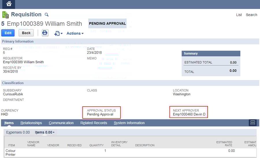 Creation of Requisition In NetSuite