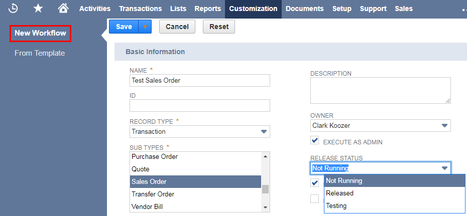 Setup workflows in NetSuite